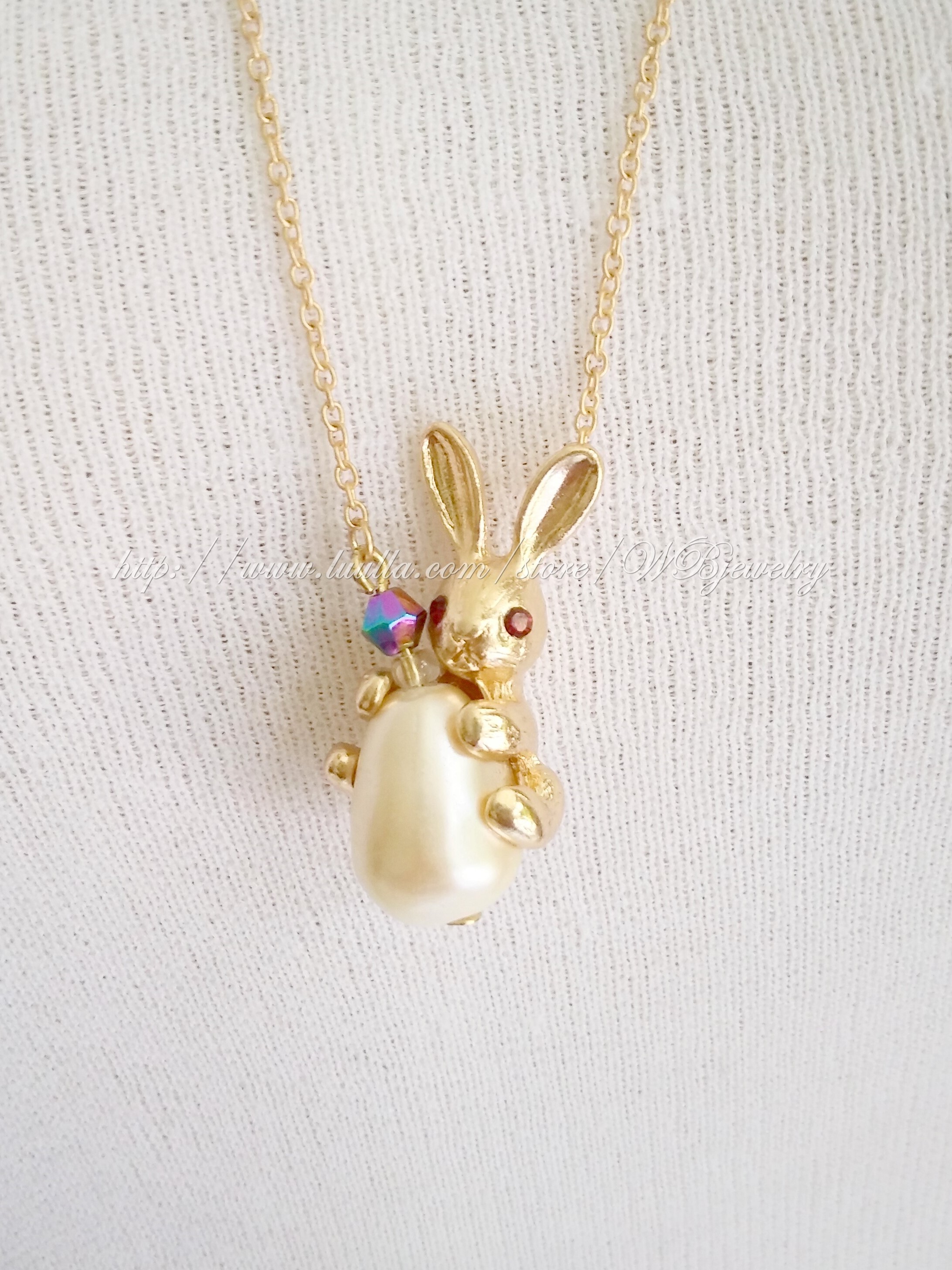 Super Cute Lucky Bunny Gold Long Necklace on Luulla